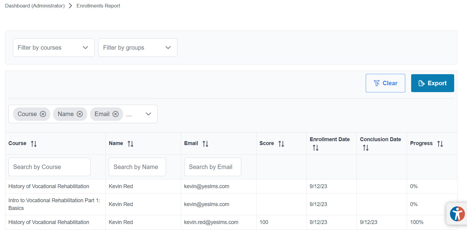 Enrollments Report – YesLMS